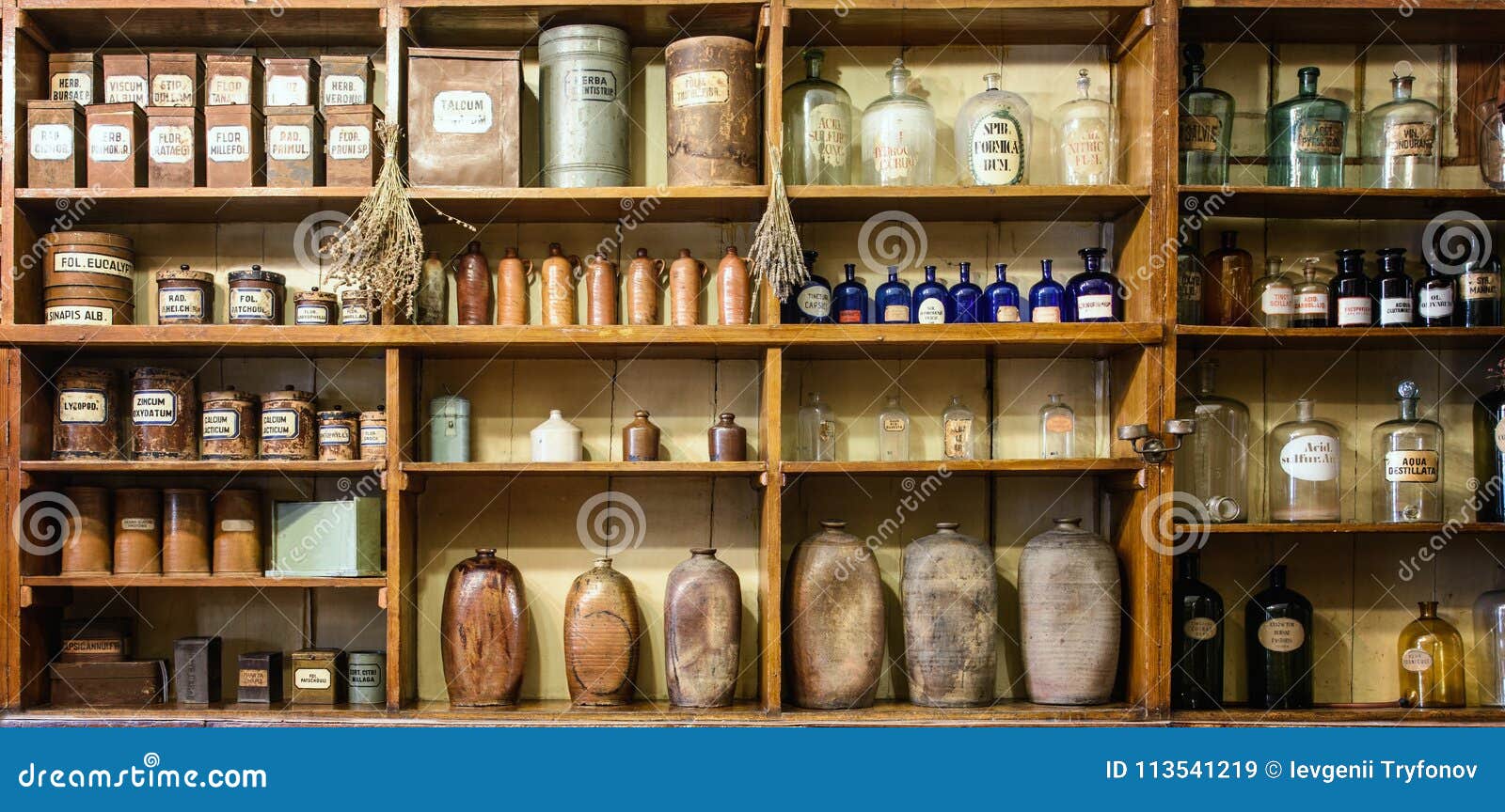 Bottles on the Shelf in Old Pharmacy Stock Image - Image of curative ...