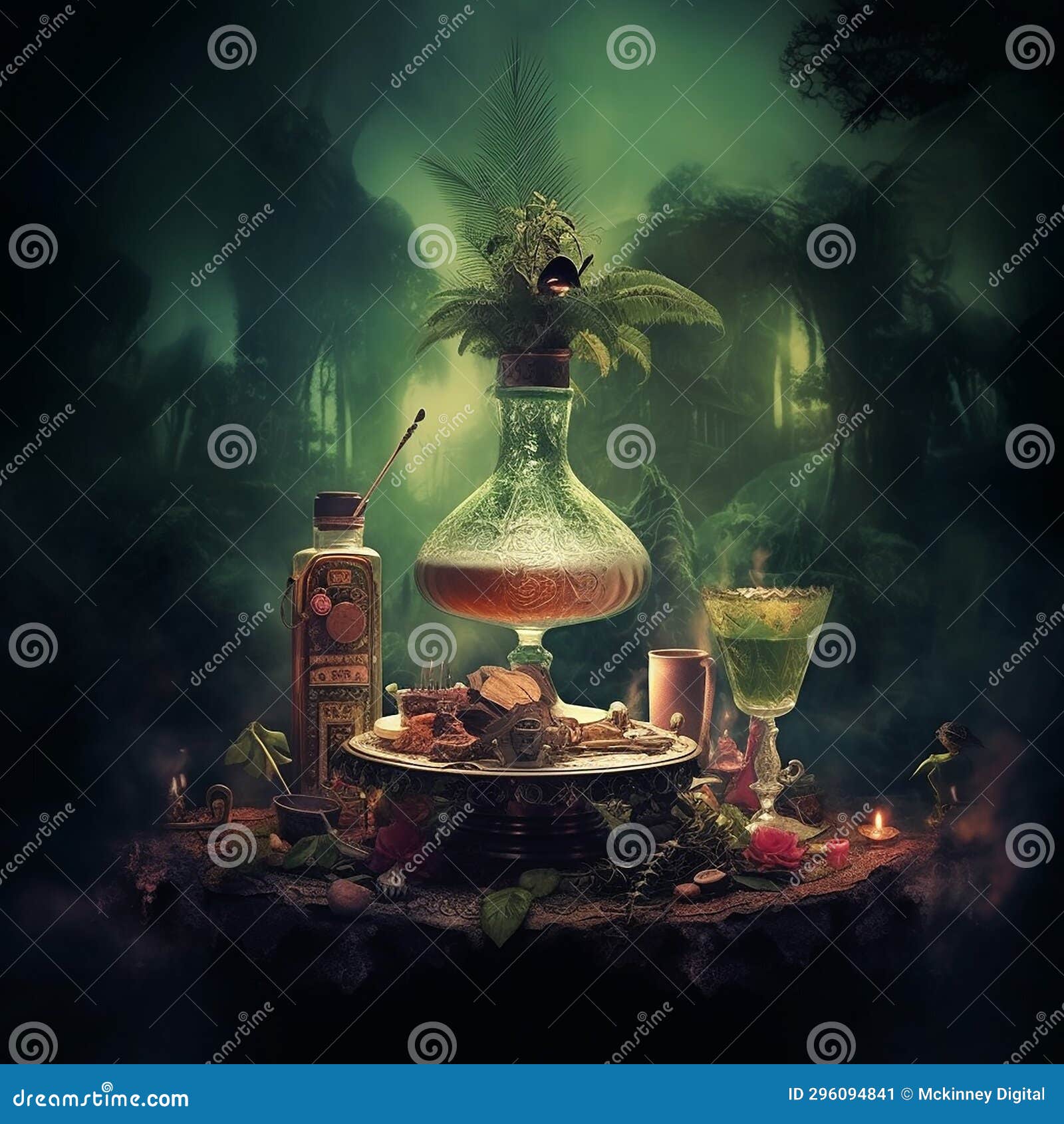 Halloween Style Image of a Table Full of Potions and Containers Full of ...