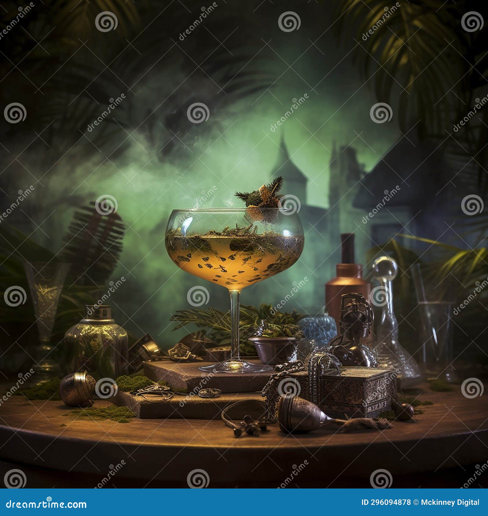 Halloween Style Image of a Table Full of Potions and Containers Full of ...