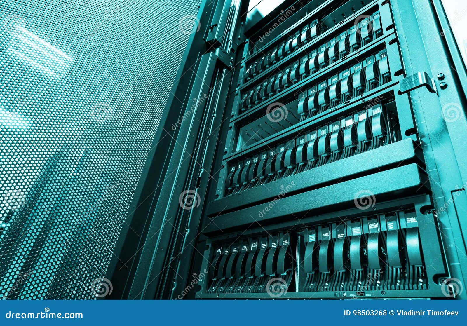 Bottom View on Big Rack Server with Multiple Hard Drives in Modern Data ...