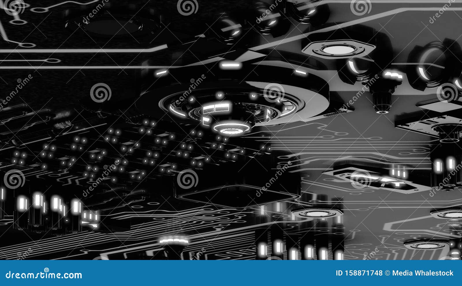 Bottom View of the Circuit Microchip and Its Elements, Monochrome ...