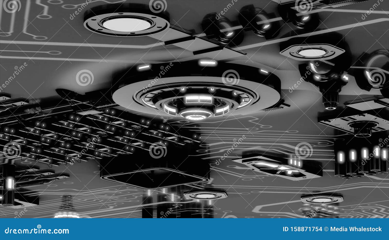 Bottom View Of The Circuit Microchip And Its Elements, Monochrome ...