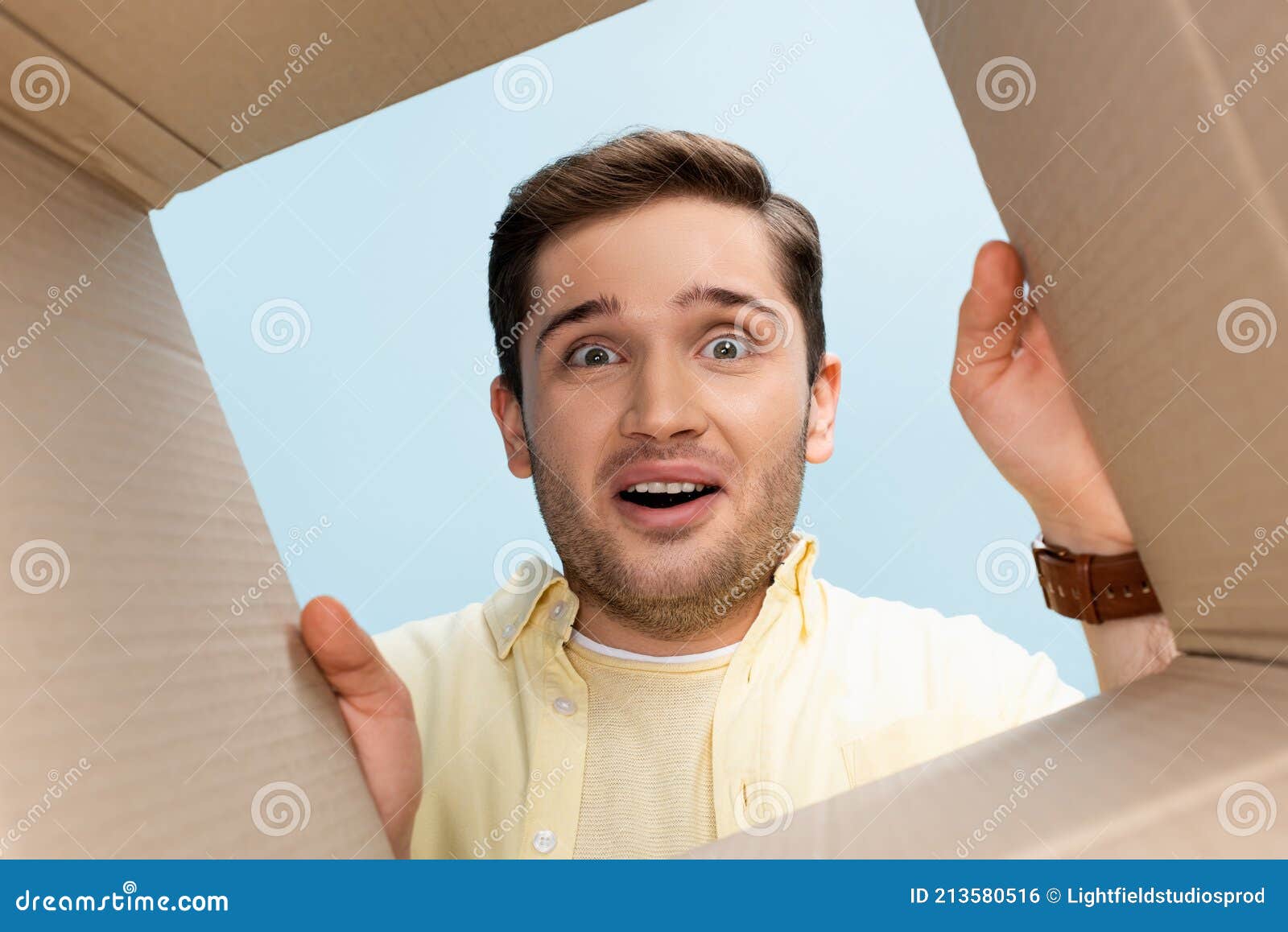 Bottom View of Curious Man Looking Stock Photo - Image of cardboard ...