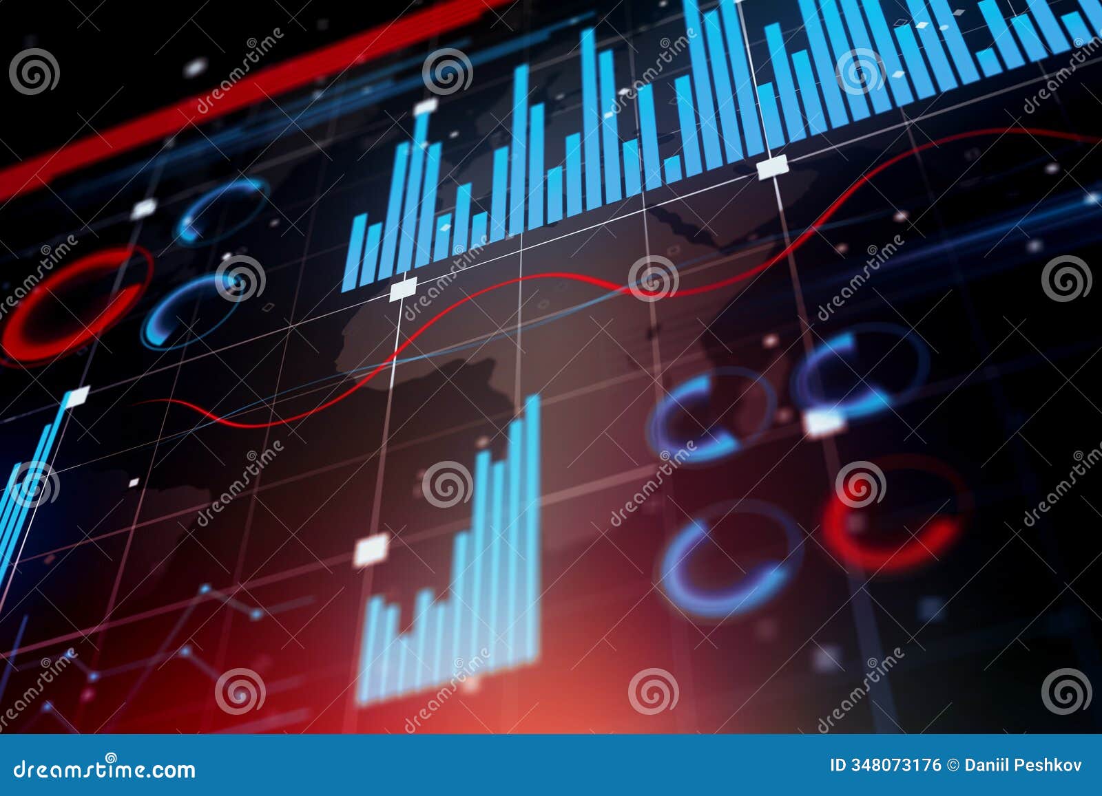 Bottom View on Digital Stats Infographic Chart with Blue and Red Graphs ...