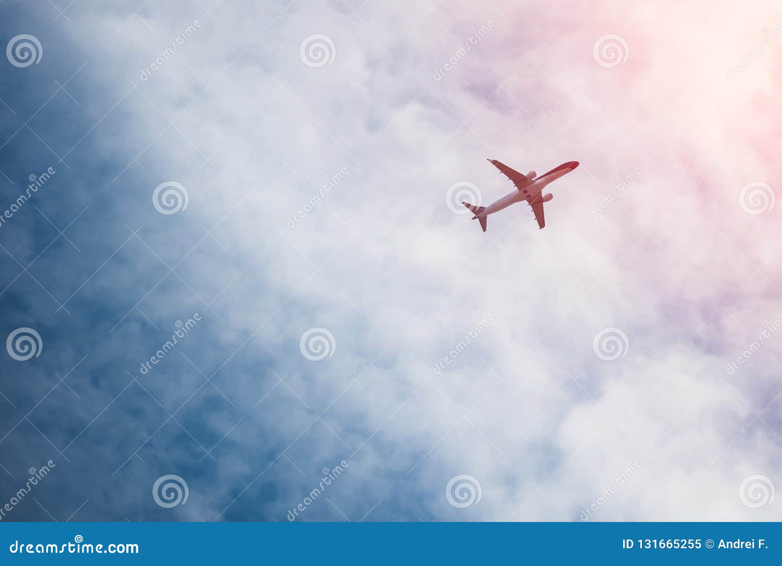 Bottom View of Flying Airplane in Sky with Sunlight Stock Image - Image ...