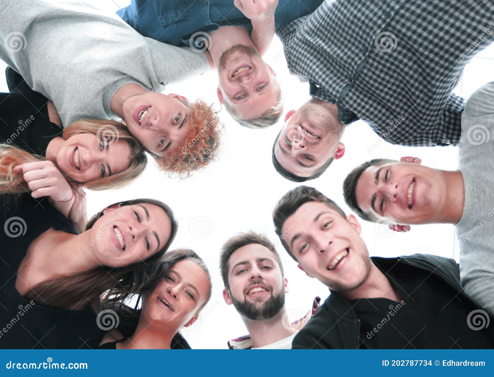 Bottom View. Group of Diverse Young People Standing in a Circle Stock ...