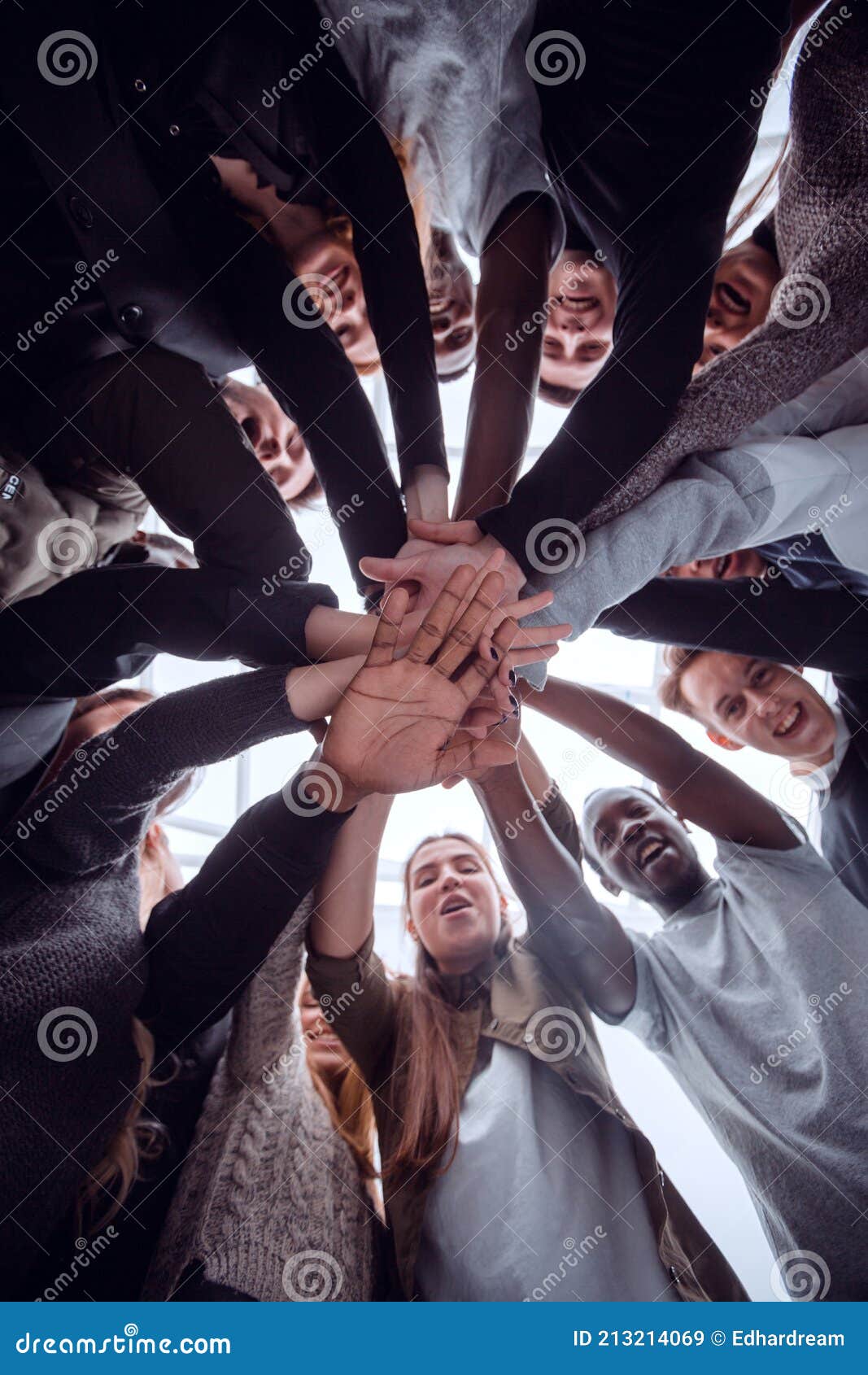 Bottom View. Group of Happy Young People Making a Stack of Hands Stock ...