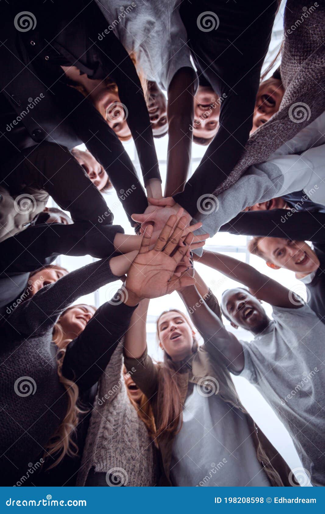 Bottom View. Group of Happy Young People Making a Stack of Hands Stock ...