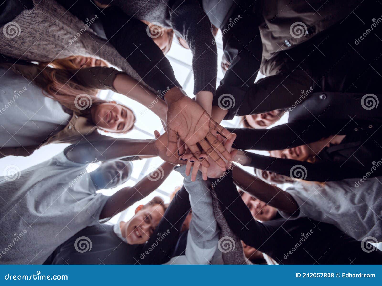 Bottom View. Group of Happy Young People Making a Stack of Hands Stock ...