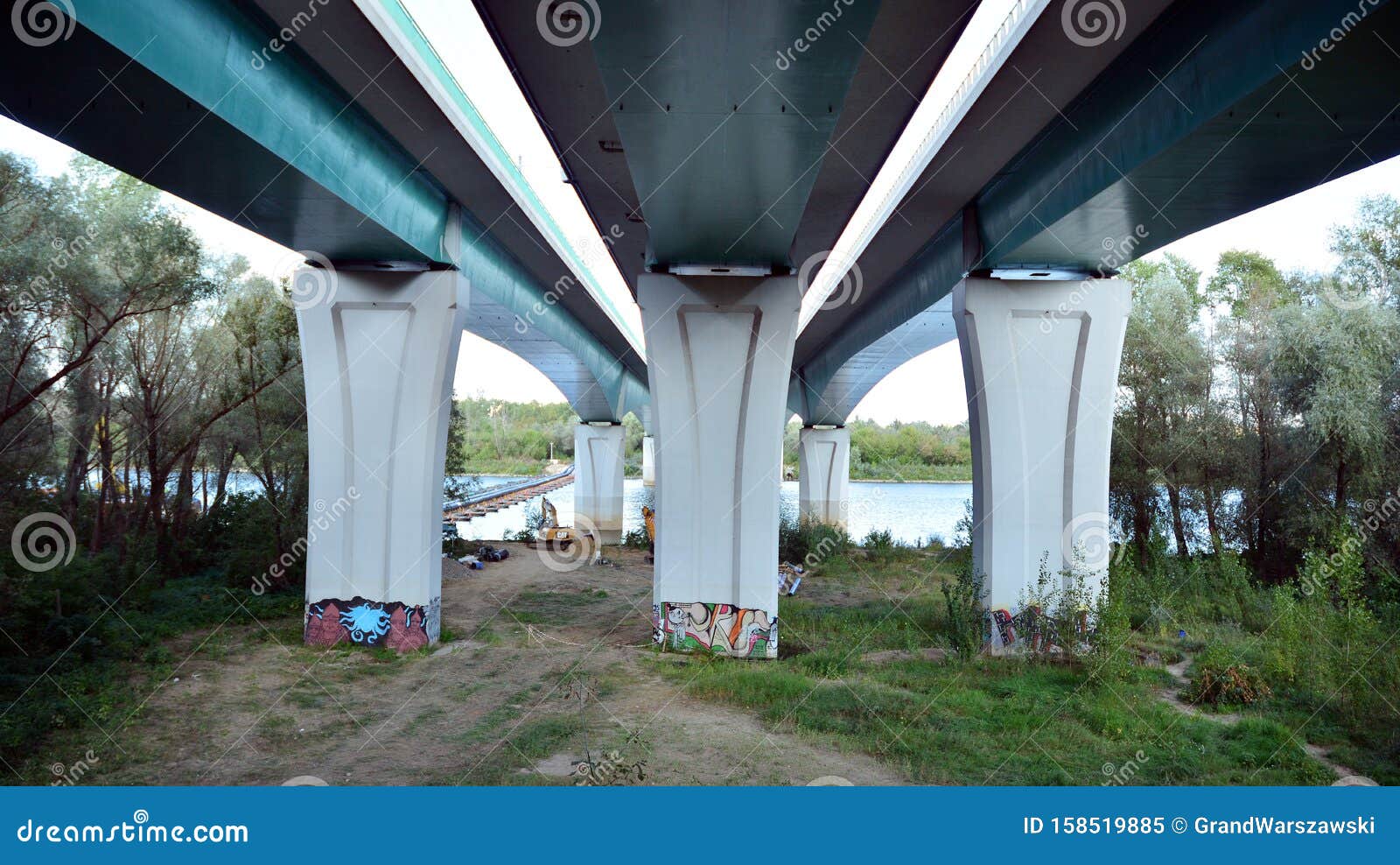 Bottom View of a Huge Flyover Motorway, Blue Sky, Large Pillars with ...
