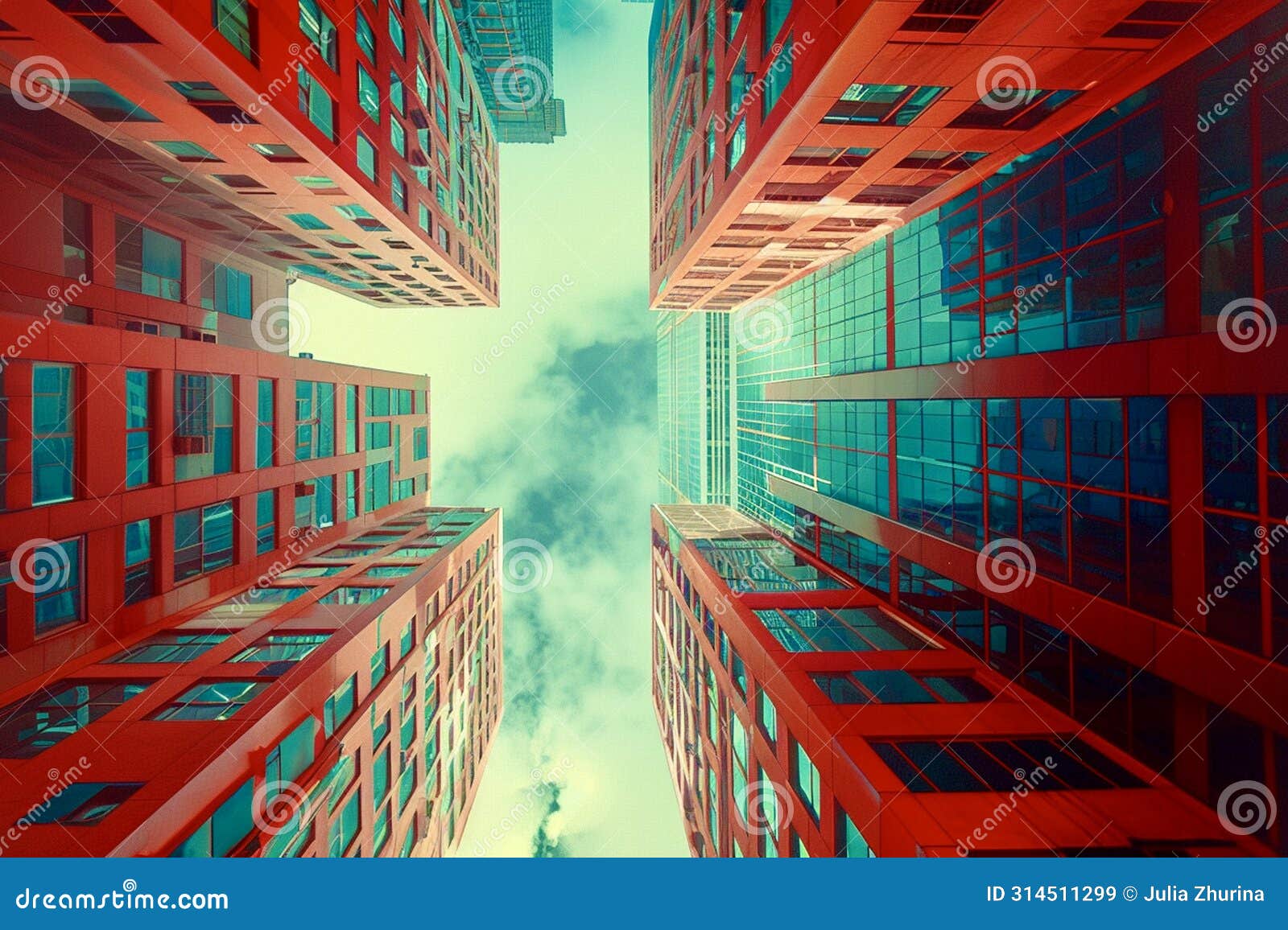 Bottom View of Huge Red Skyscrapers in the Risograph Style Stock Image ...