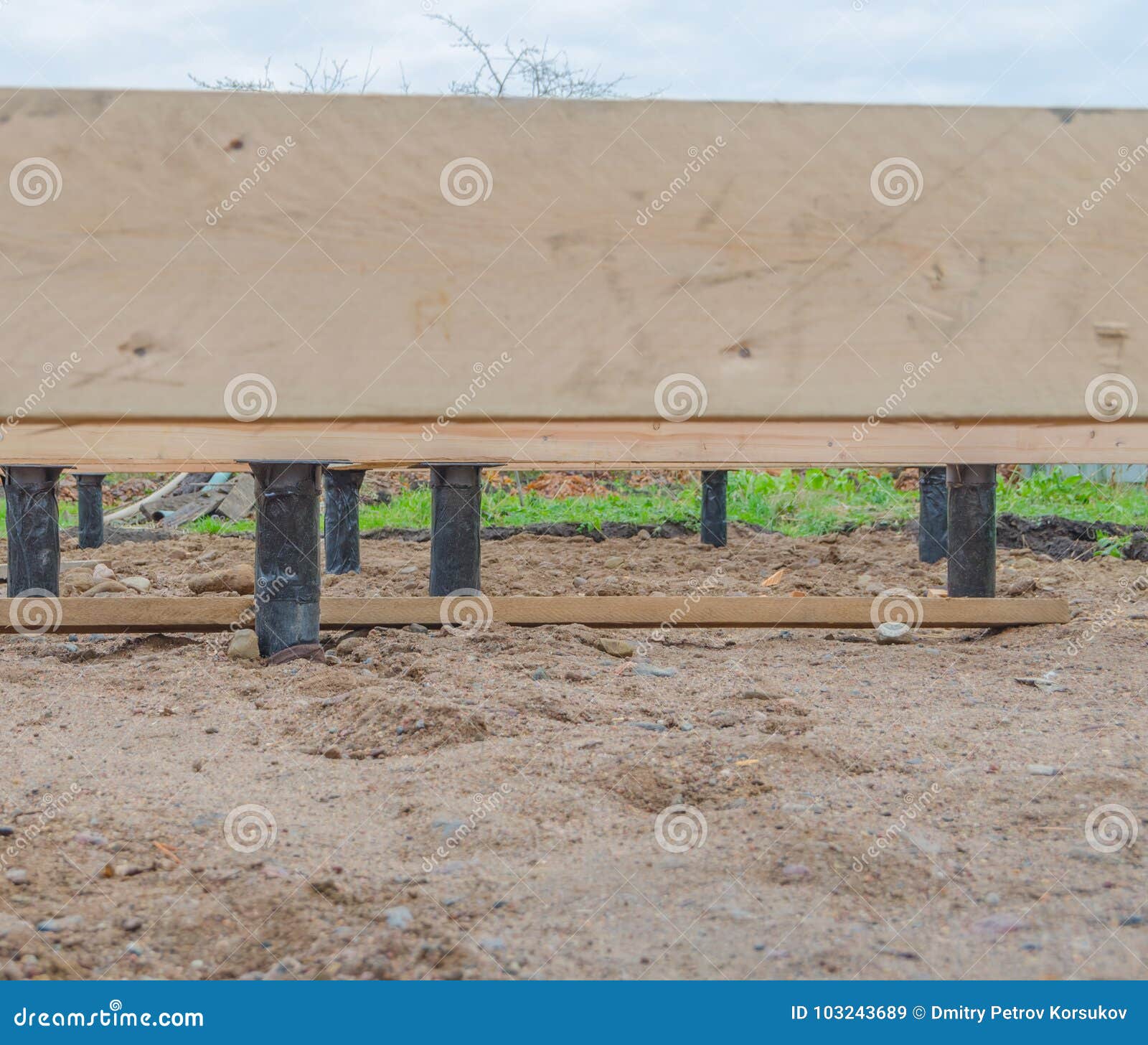On The Basis Of The Pile Foundation Timber Framing House Stock Photo ...