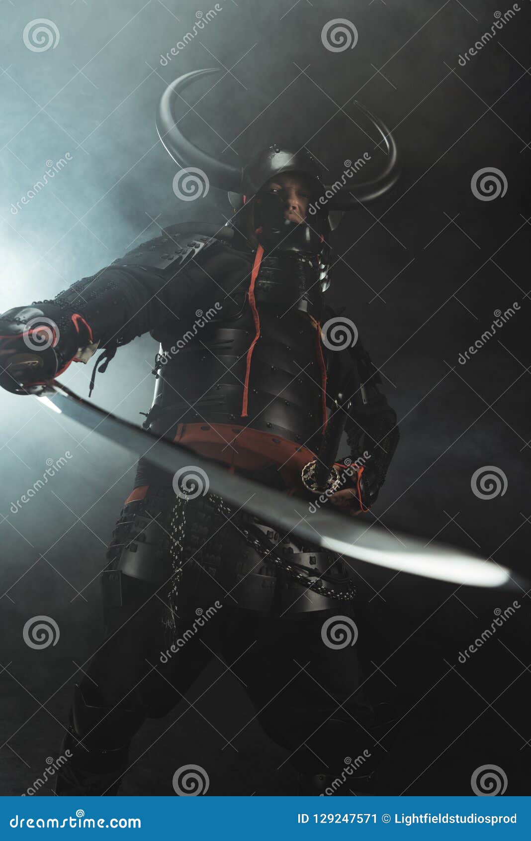 Bottom View of Samurai in Traditional Armor with Sword on Dark ...