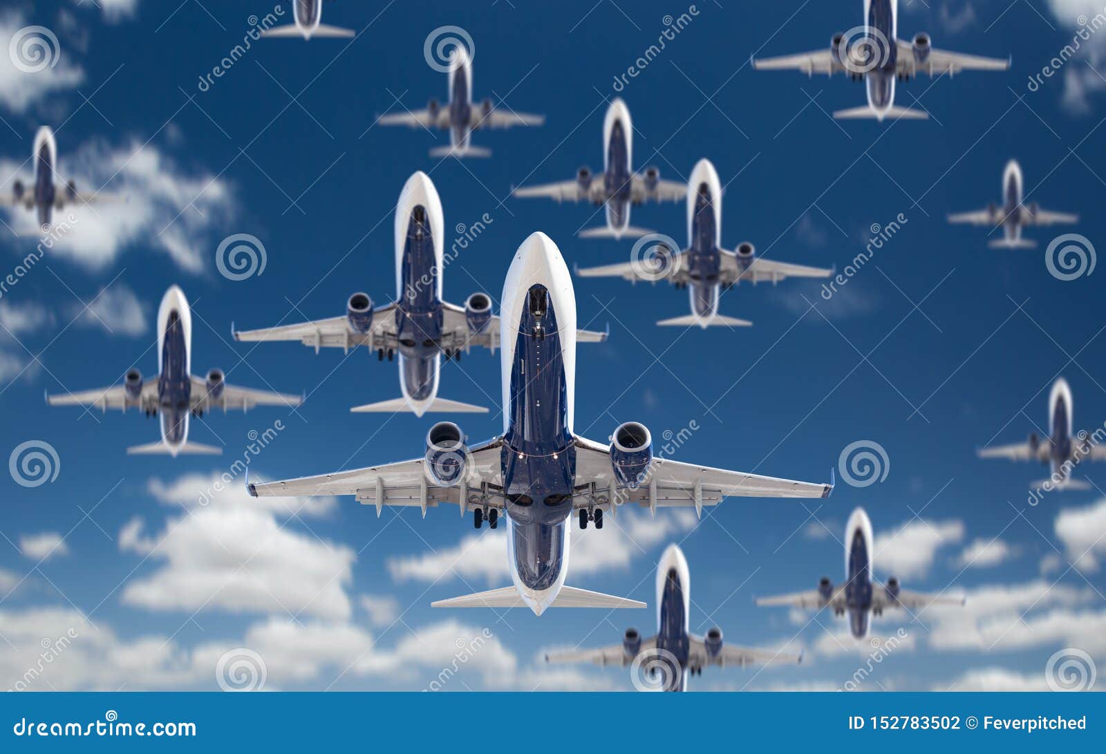Bottom View of Several Passenger Airplanes Flying in the Blue Sky Stock ...