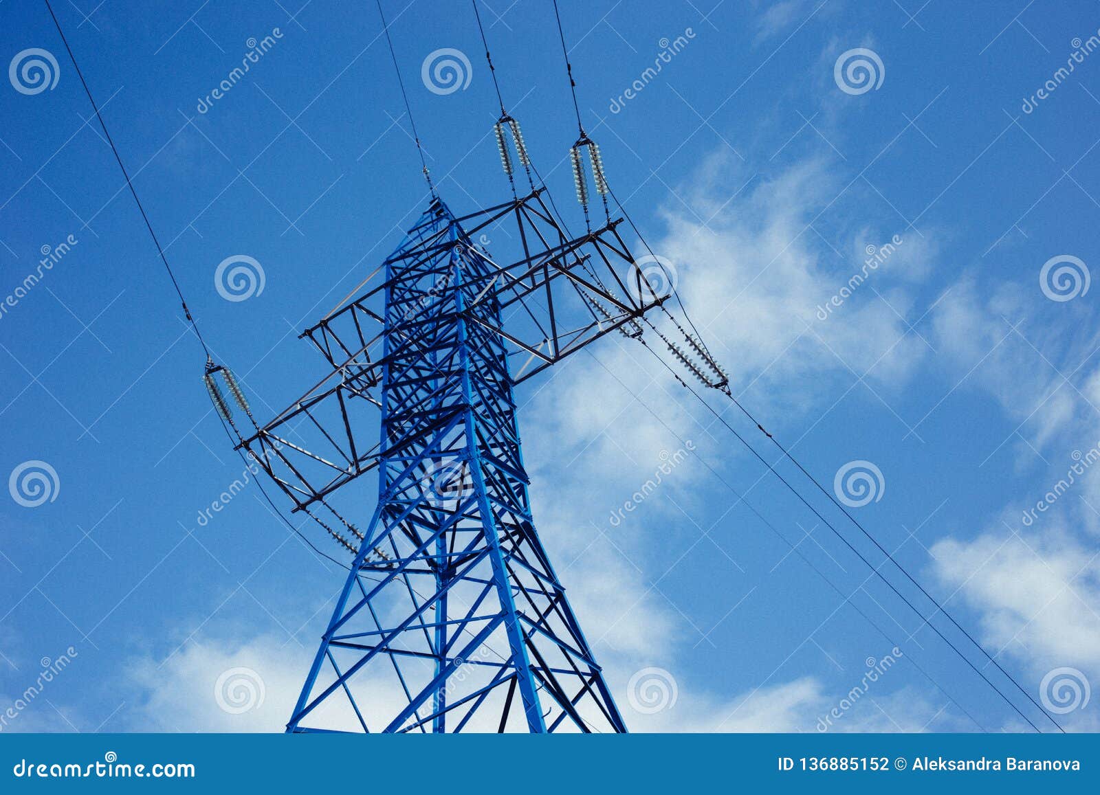 Bottom View of the Tower of Power Grids on Blue Sky Background, High ...