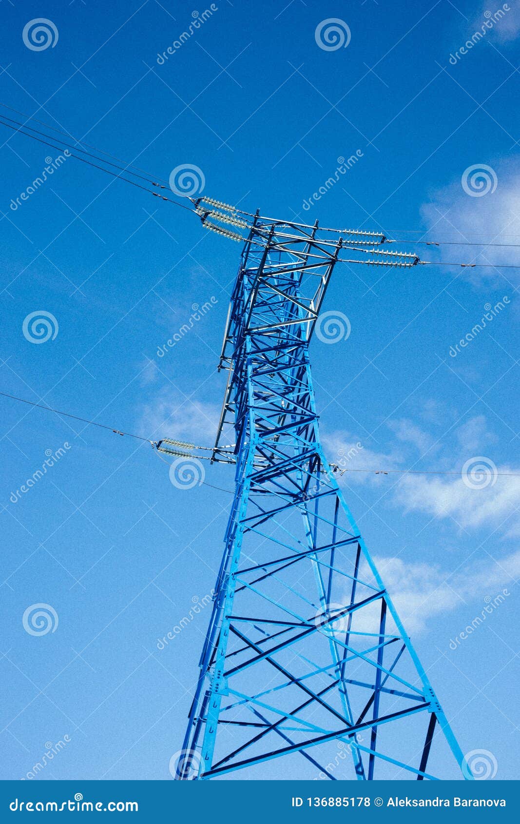 Bottom View of the Tower of Power Grids on Blue Sky Background, High ...