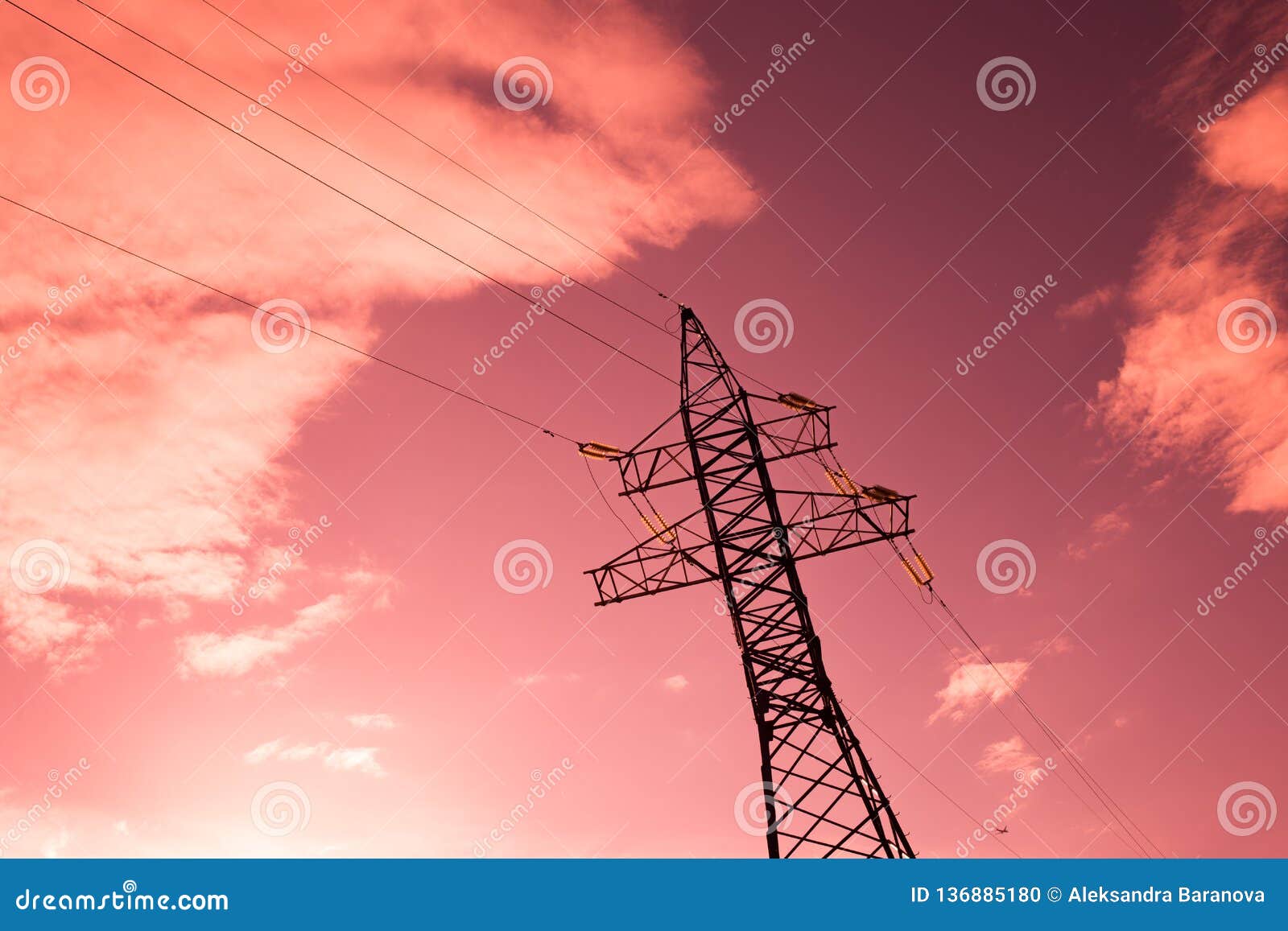 Bottom View of the Tower of Power Grids on Pink Sky Background, High ...