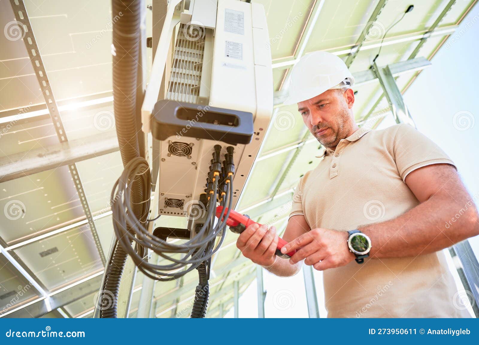 Solar Inverter Control Room System And Battery Storage. Electrician ...