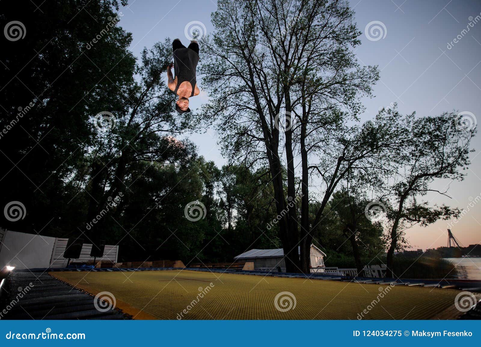 Bottom View of a Young and Active Man Trampolining in a Park Stock ...