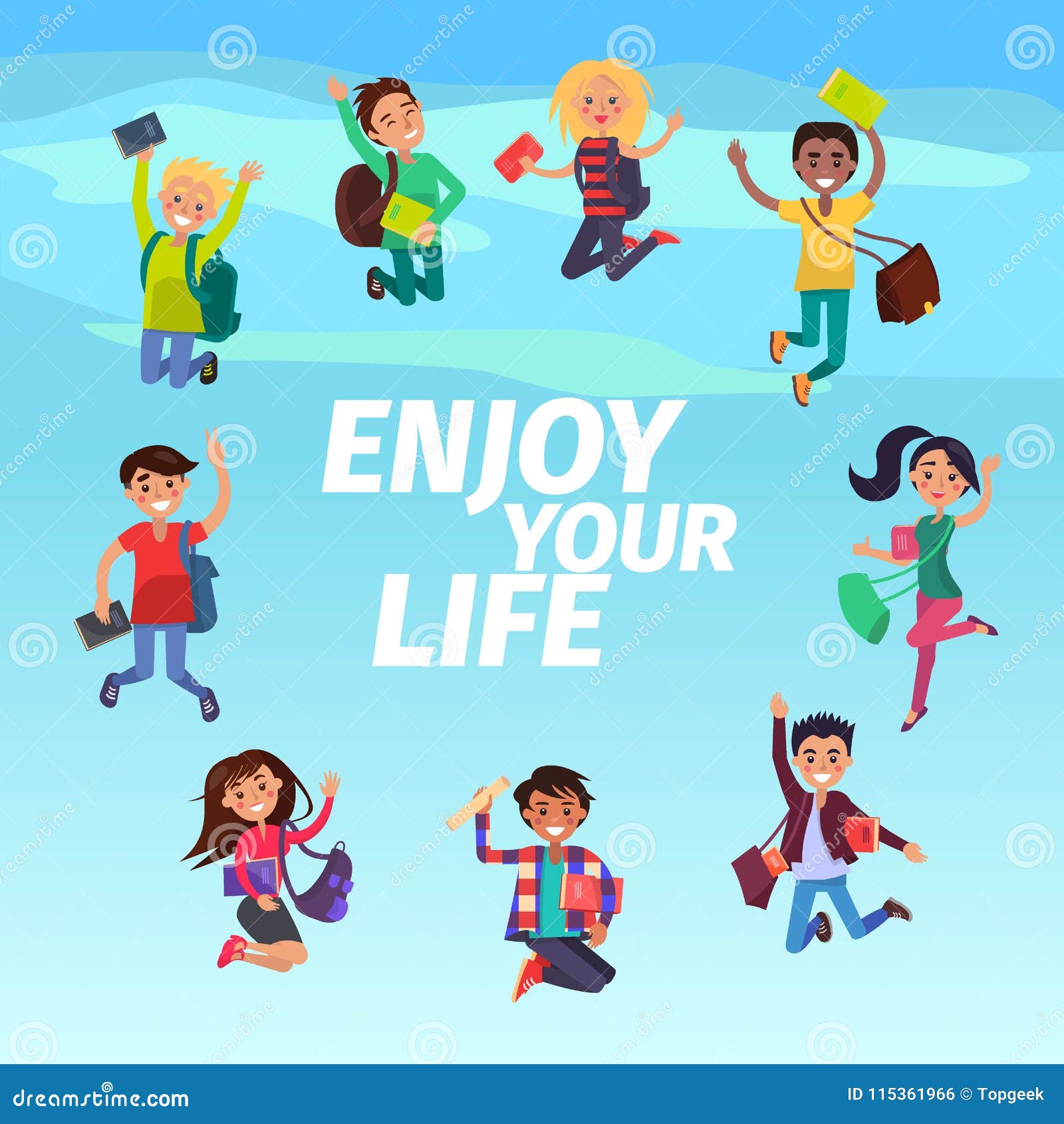 Bouncing Students Hovering in Sky Enjoy Your Life Stock Vector ...
