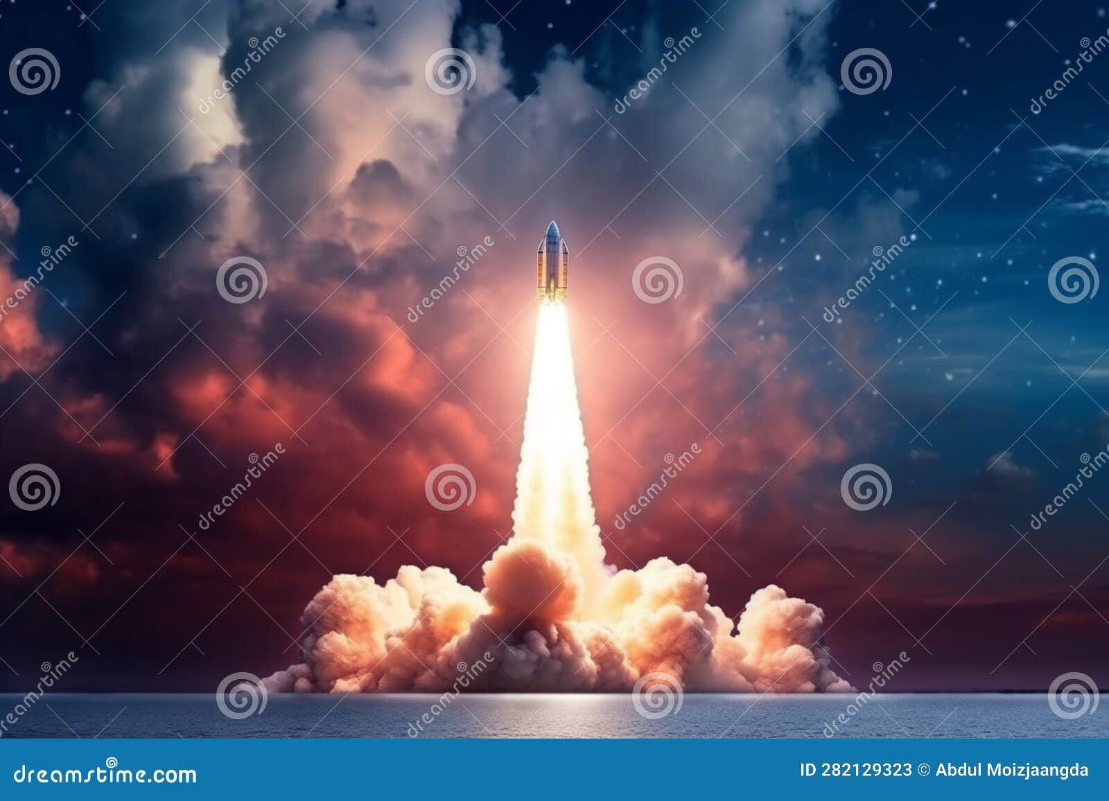 Bound for the Cosmos, Rocket Ship Launches into a Galaxy-filled Sky ...