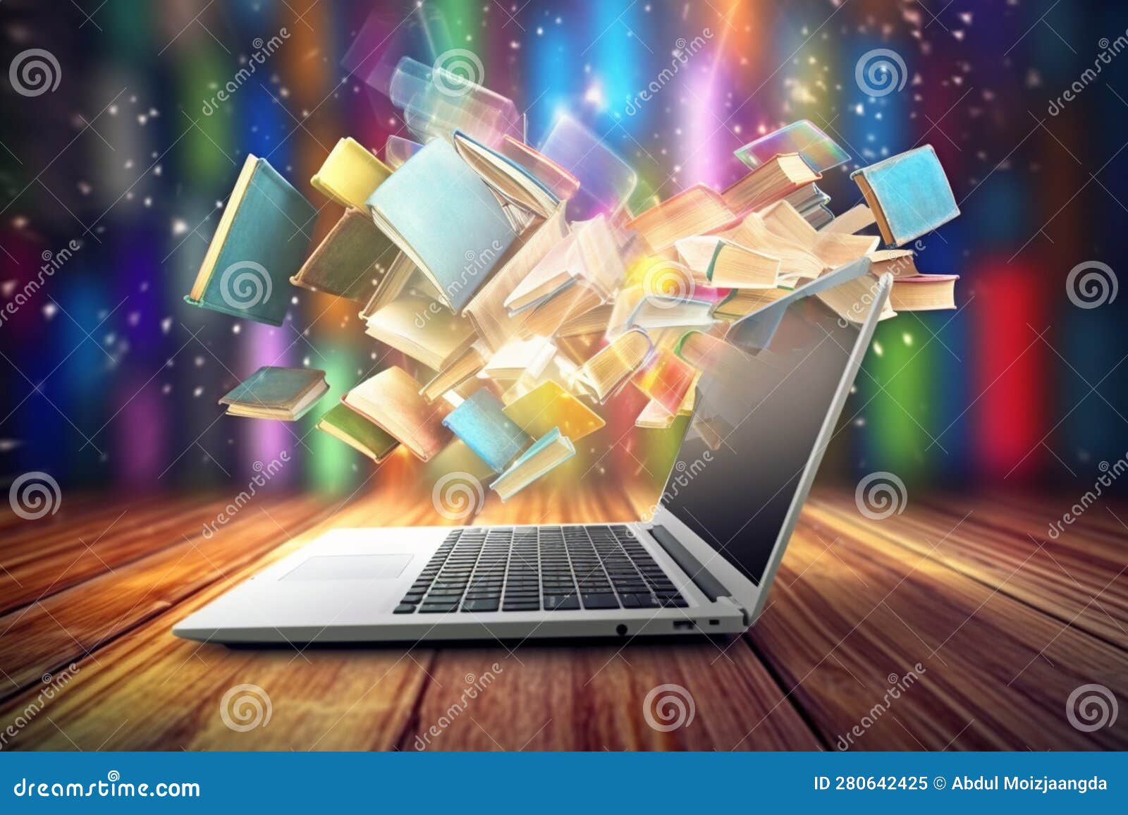 Boundless Learning, Laptop Amidst a Backdrop of Flying Books, Online ...
