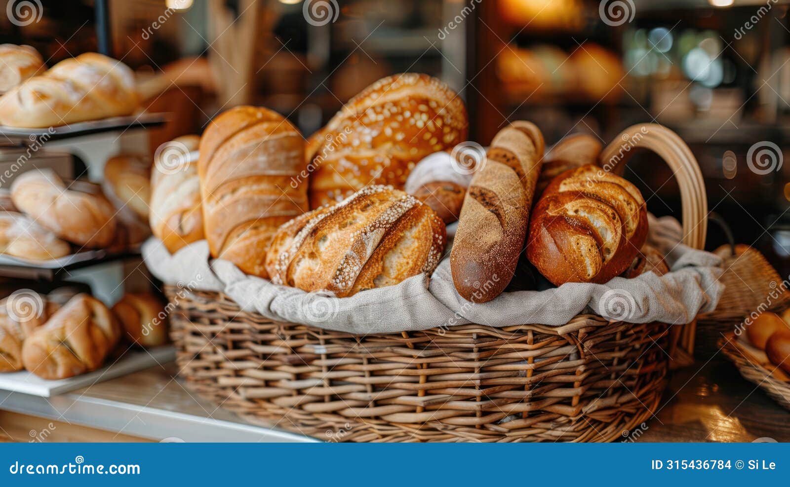Bountiful Bakery Basket: Fresh Assorted Breads Overflowing on Fabric ...