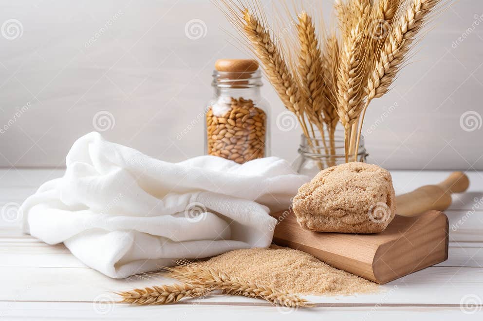 Bountiful Harvest Bundle with Wheat Ears and Grains Displayed on a Pristine White Tabletop Stock ...