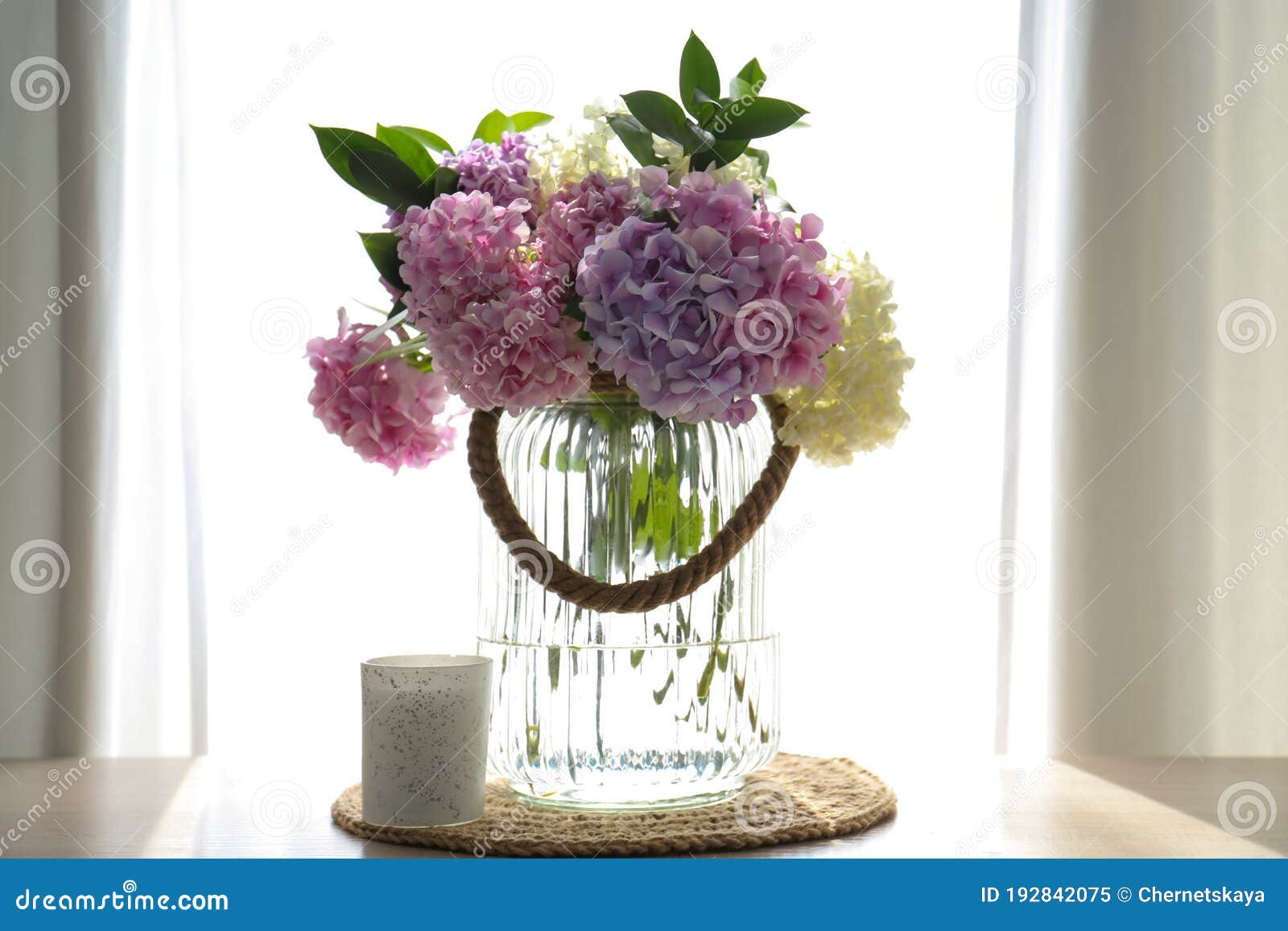 Bouquet of Hydrangea Flowers on Table Near Window. Interior Design ...