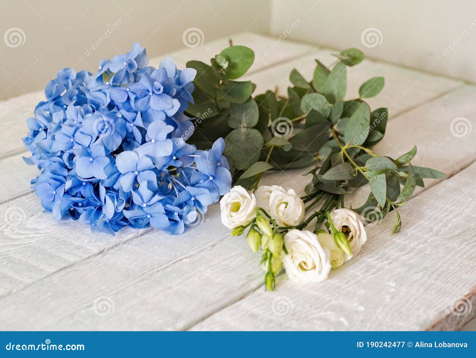 Bouquet with Blue Hydrangea, White Roses Stock Image - Image of wedding ...