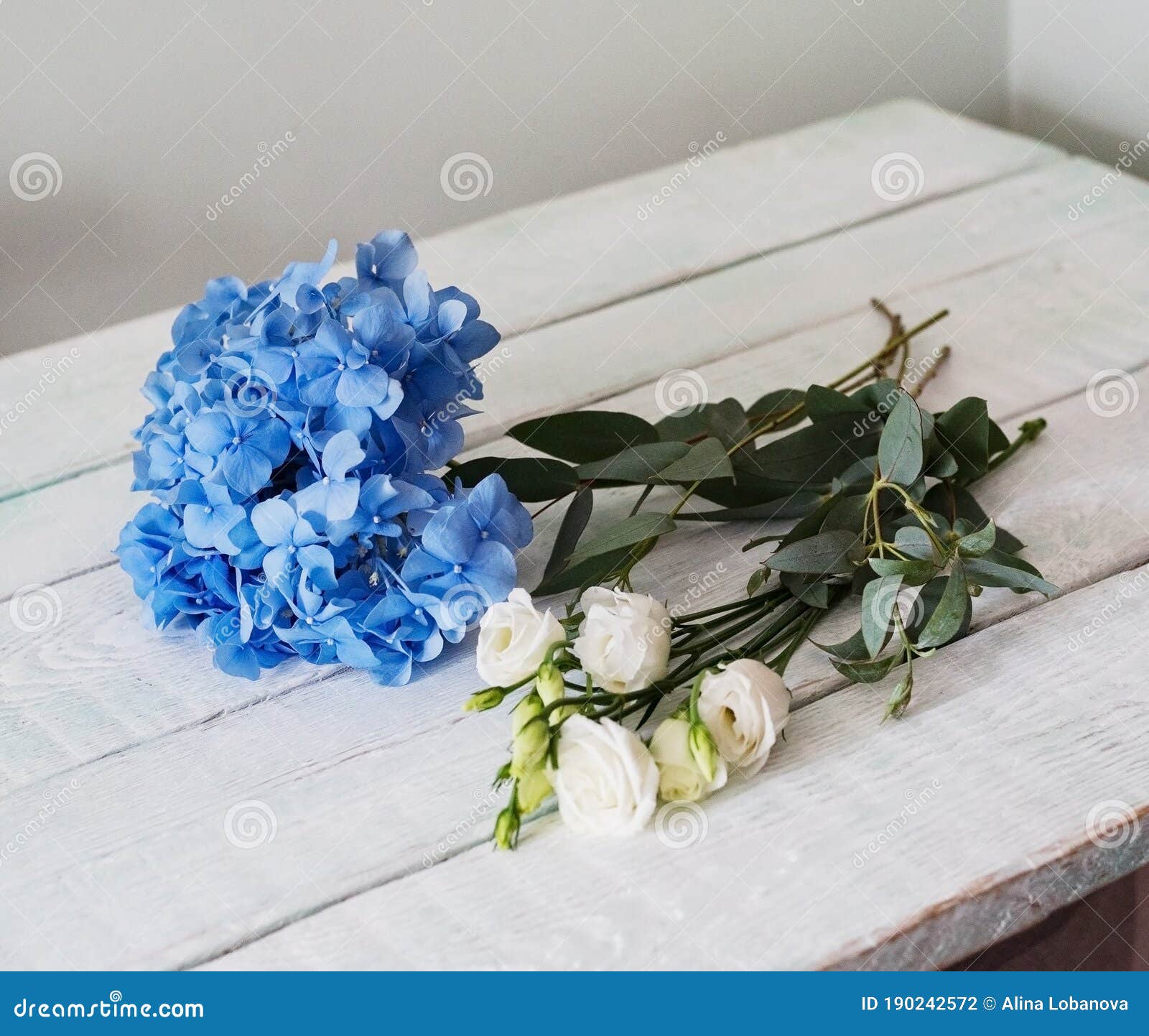 Bouquet with Blue Hydrangea, White Roses Stock Photo - Image of nature ...
