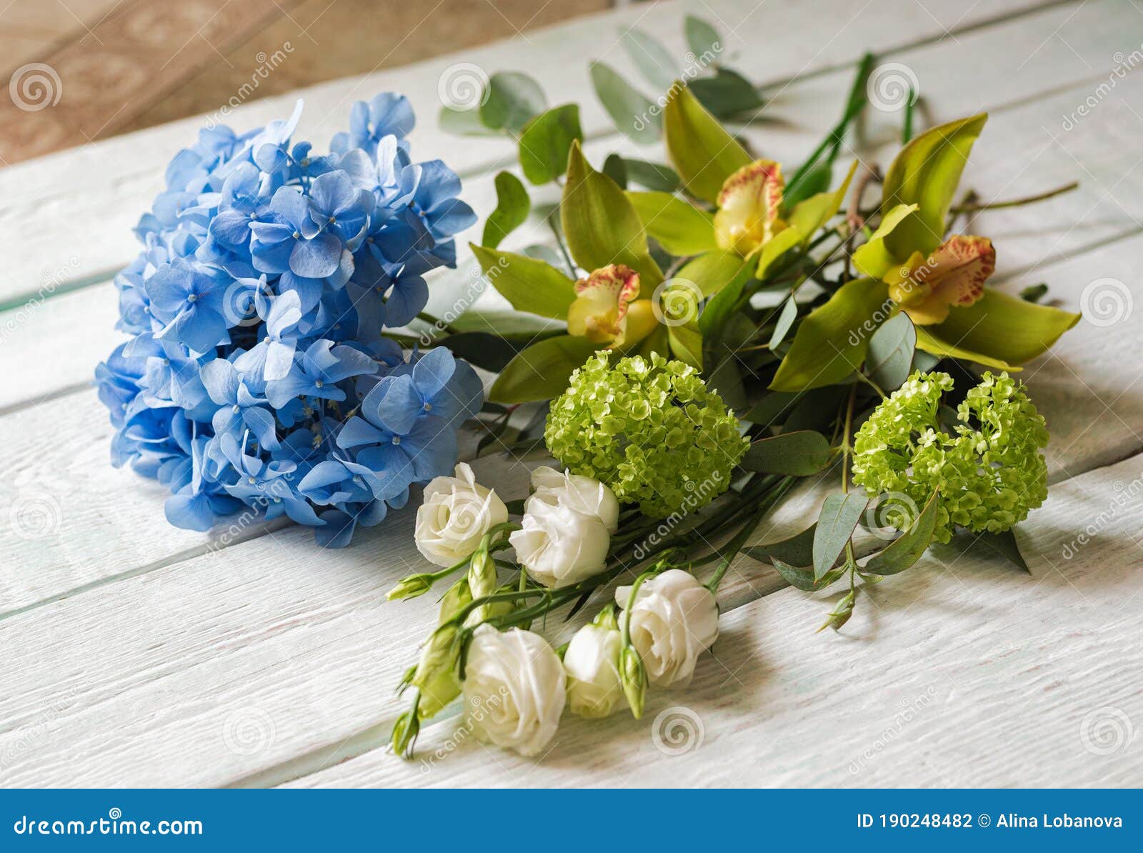 Bouquet with Blue Hydrangea, White Roses, Orchids Stock Photo - Image ...
