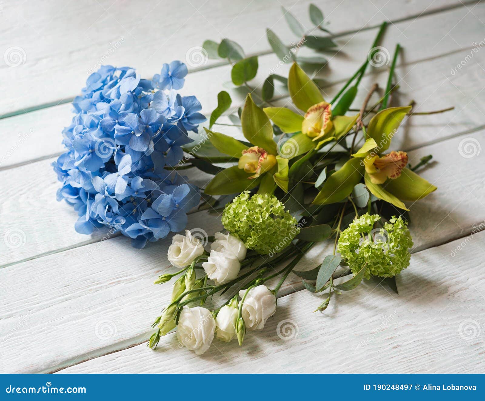 Bouquet with Blue Hydrangea, White Roses, Orchids Stock Image - Image ...