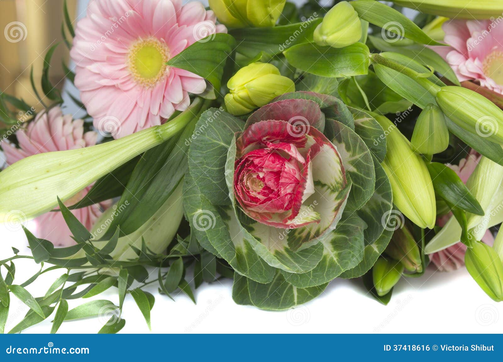 Bouquet with Decorative Cabbage, Lilies and Gerberas Stock Photo ...