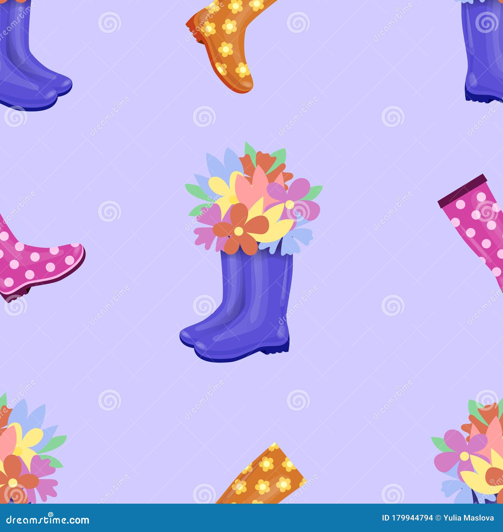 A Bouquet of Flowers in Rubber Boots. Seamless Pattern Stock Vector ...