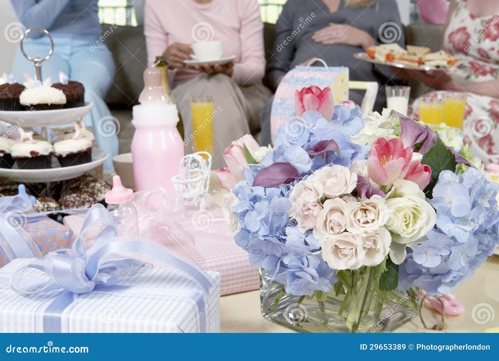 Bouquet And Gifts On Table At A Baby Shower Royalty-Free Stock Photo ...
