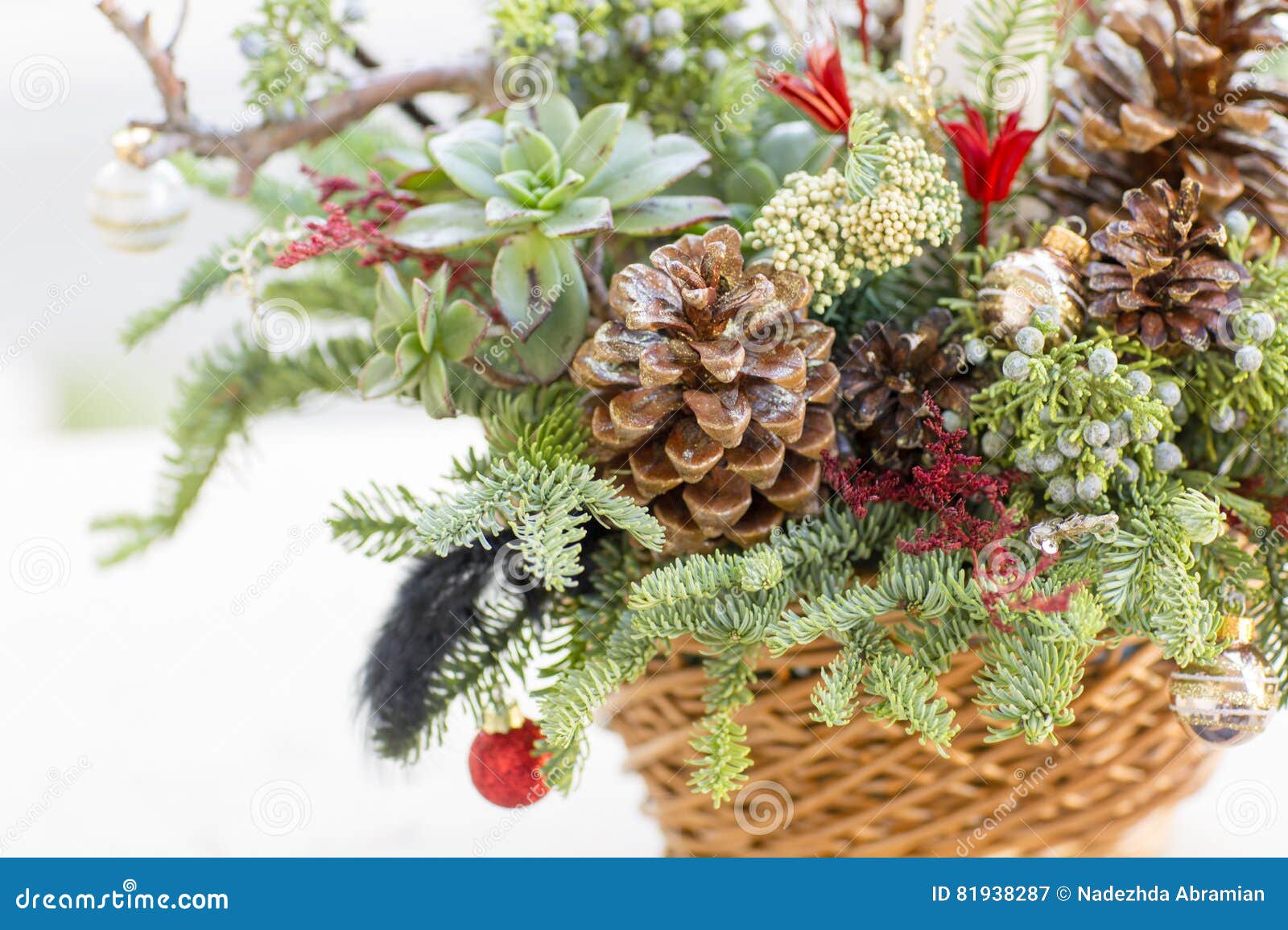 Bouquet Has Christmas Tree Branches and Artificial Flowers. Stock Image ...