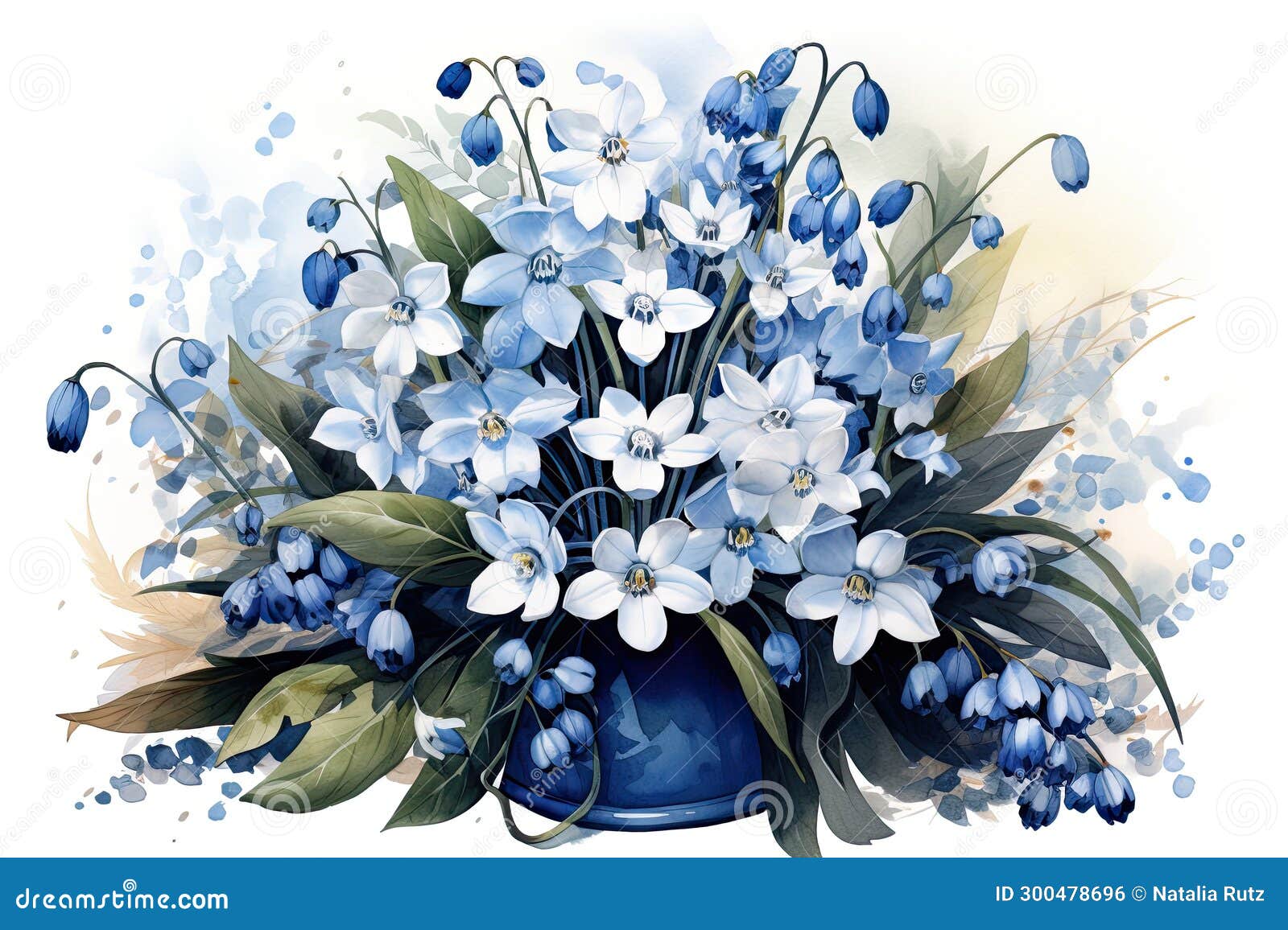 Blue Spring Flowers, Watercolor, White Background Stock Illustration ...
