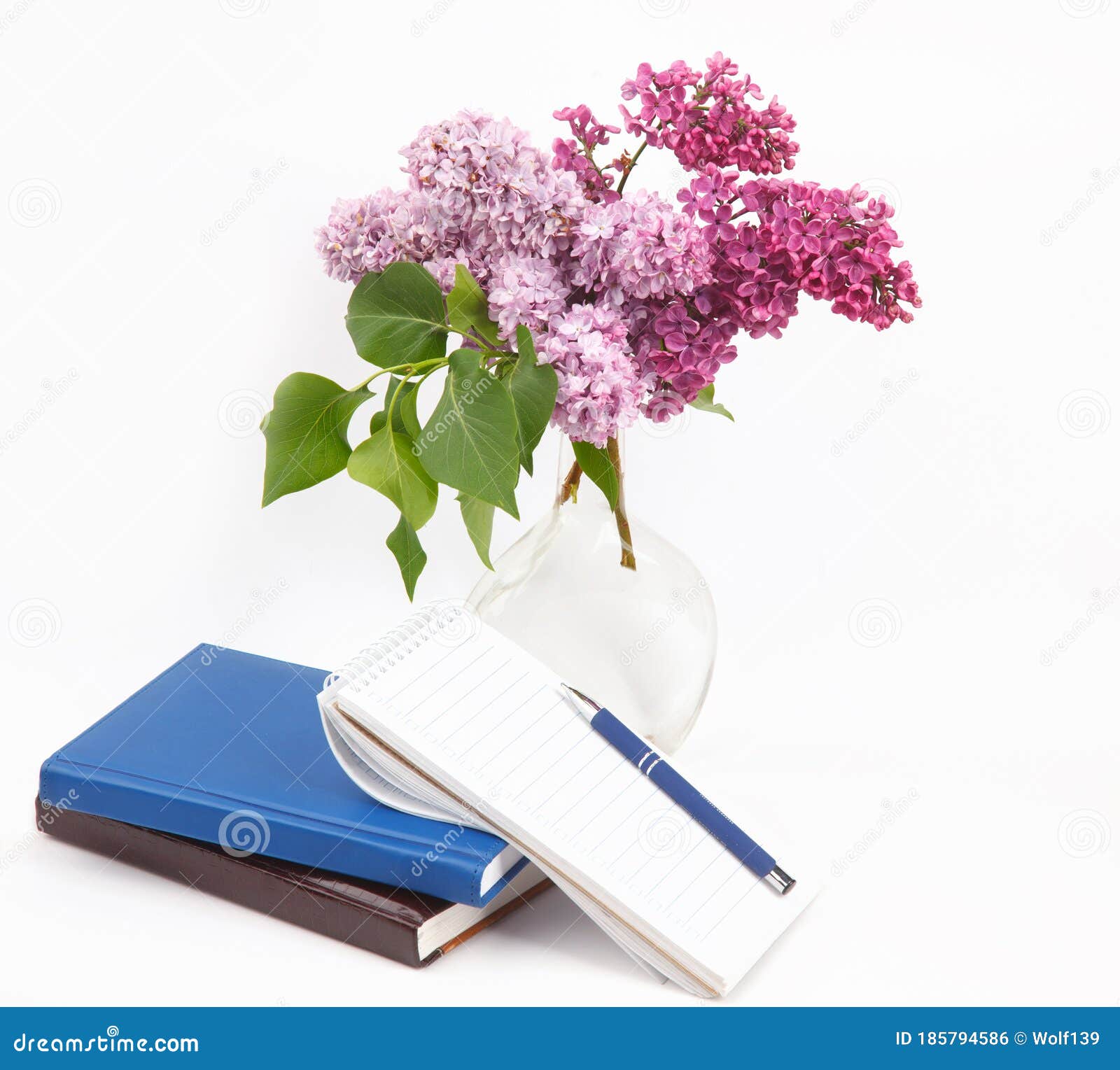 The Bouquet of Lilac with the Books and Note Stock Photo - Image of ...