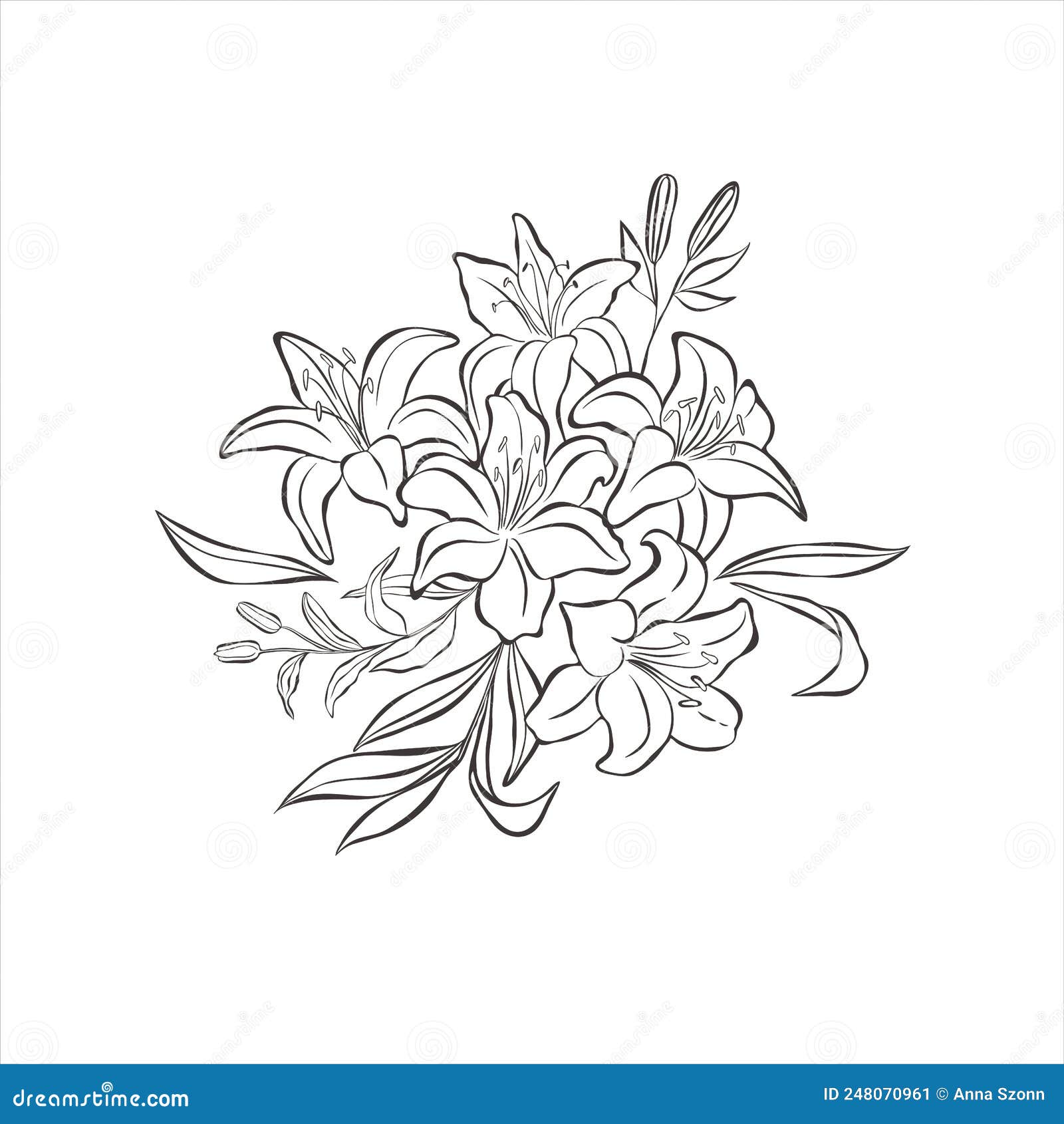 Bouquet with Lily Flowers and Leaves. Stock Vector - Illustration of ...