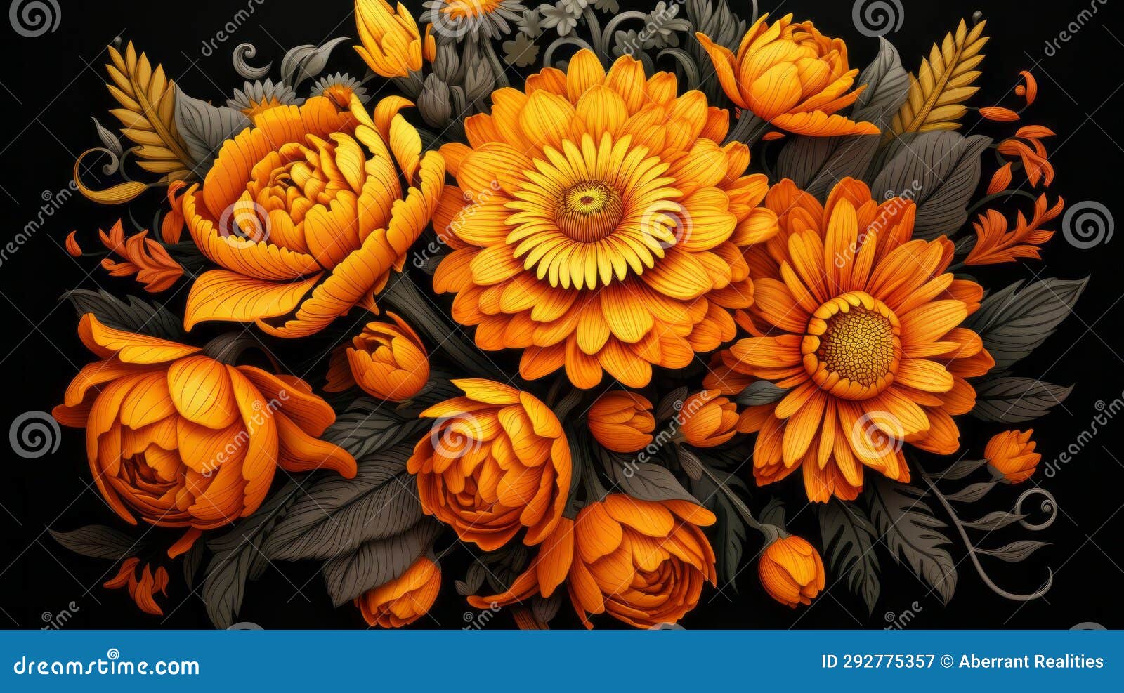 A Bouquet of Orange Flowers on a Black Background Stock Illustration ...