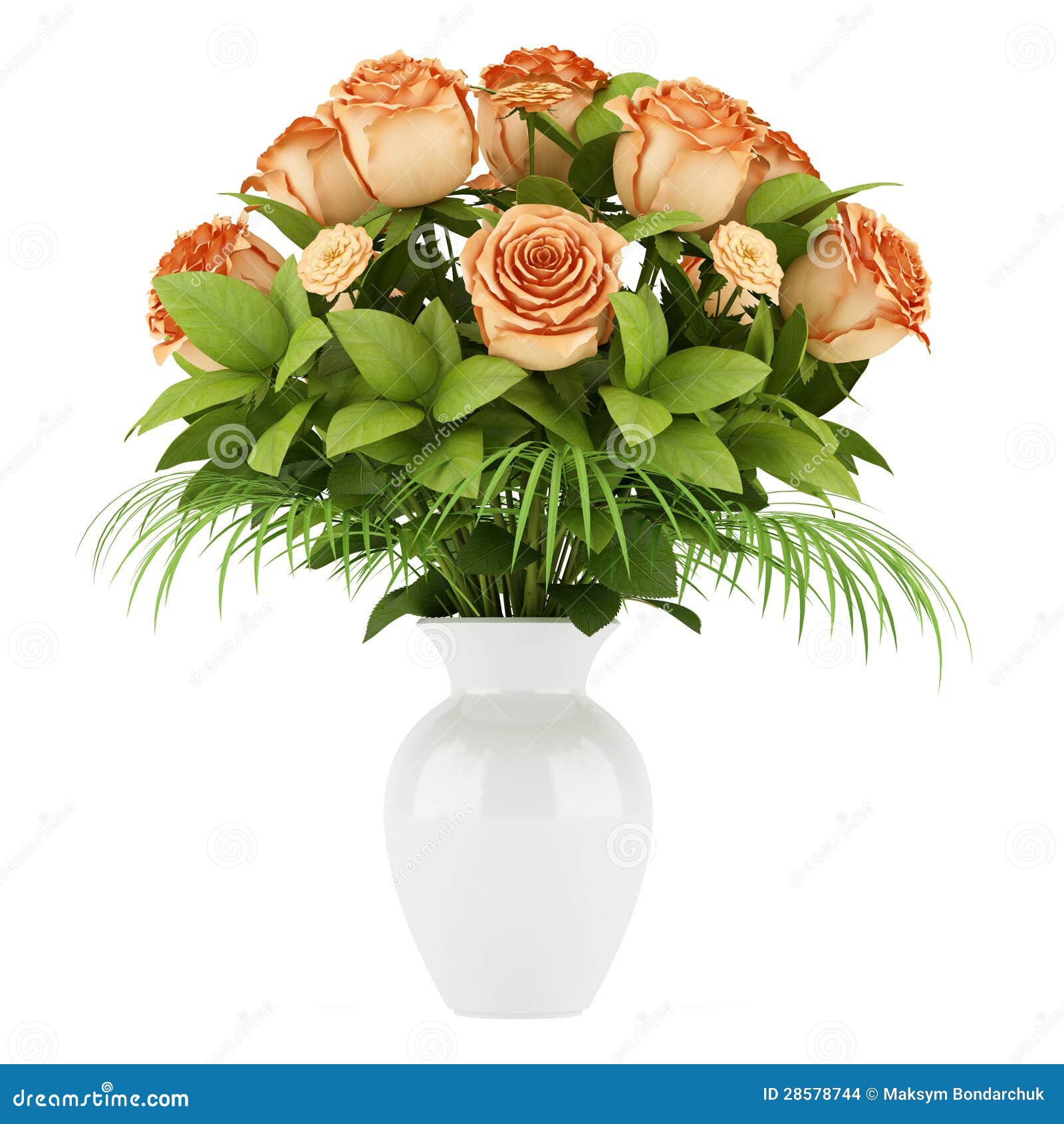 Bouquet of Orange Roses in Vase Isolated on White Stock Illustration ...
