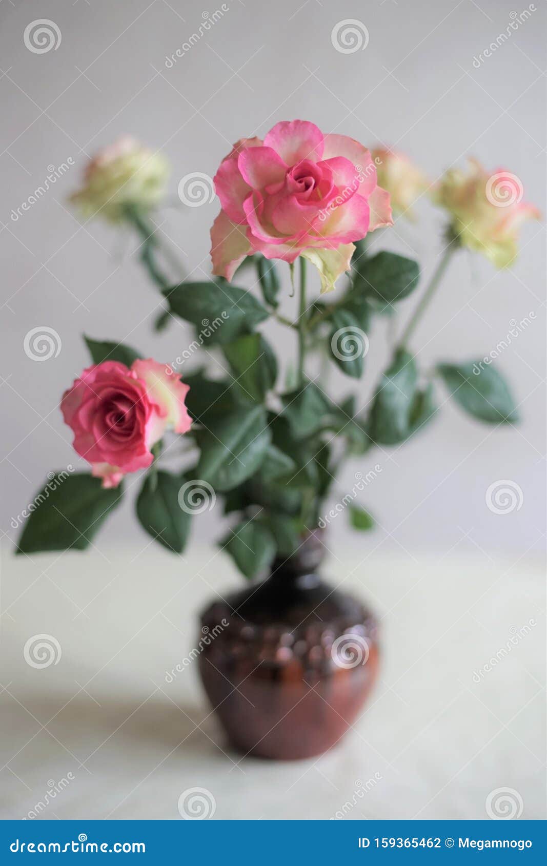 Bouquet of Pale Pink Yellow Roses in a Ceramic Vase on a Table, Side ...