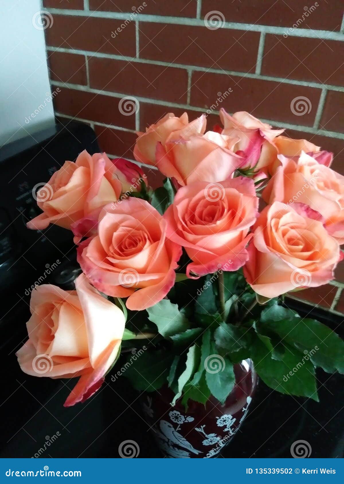 Bouquet of peach roses stock photo. Image of brick, peach - 135339502