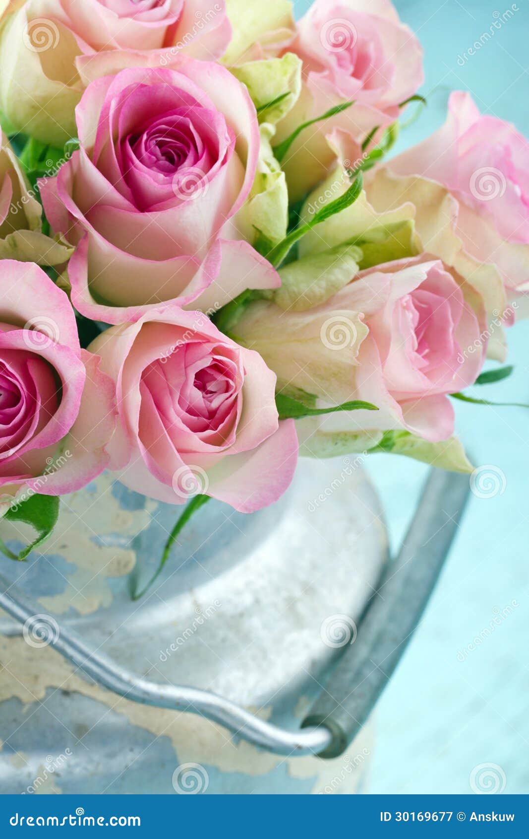 Bouquet of Pink Roses in a Rustic Bucket Stock Image - Image of mothers ...