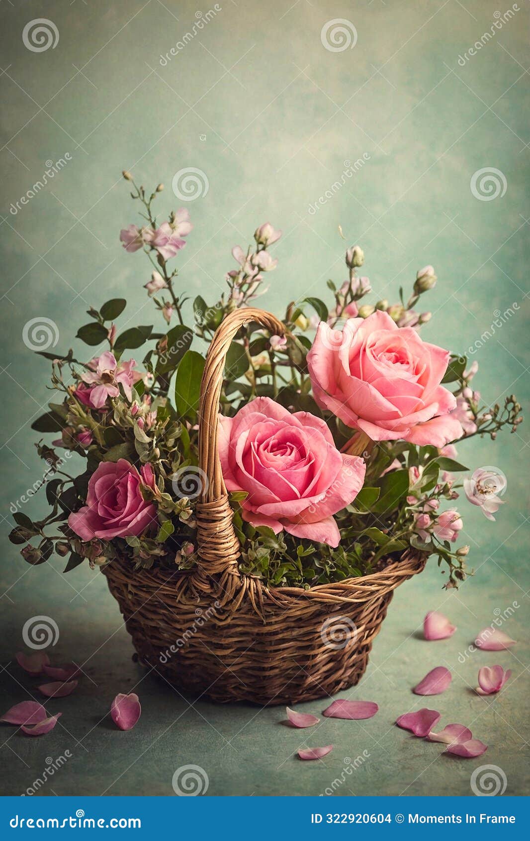 Bouquet of Pink Roses in a Basket on a Blue Background Stock ...