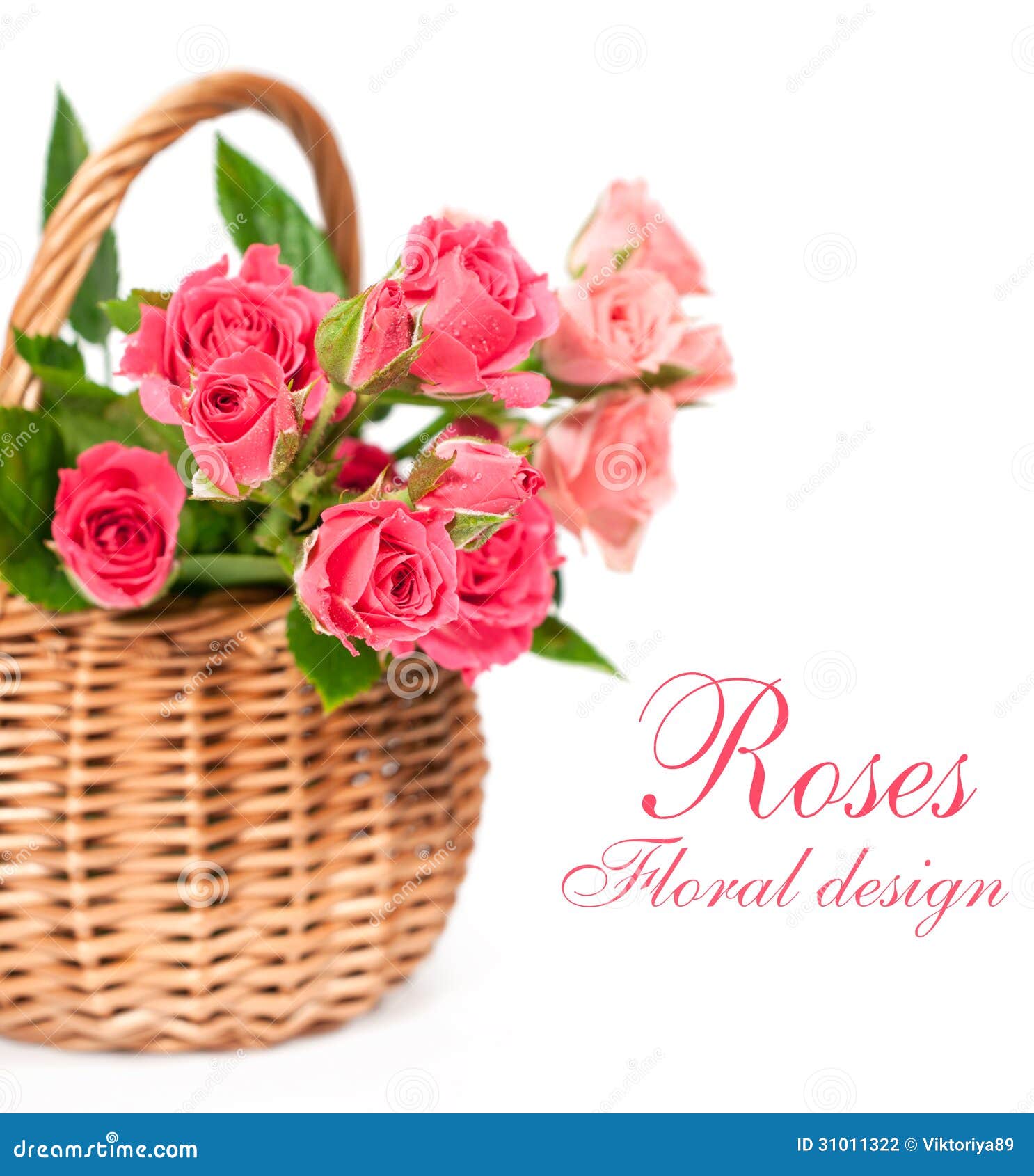 Bouquet of Pink Roses in a Basket Stock Photo - Image of flowers, white ...