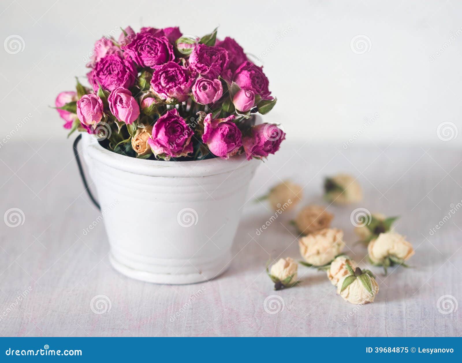 Bouquet of Pink Roses in a Decorative Small White Bucket Stock Image ...