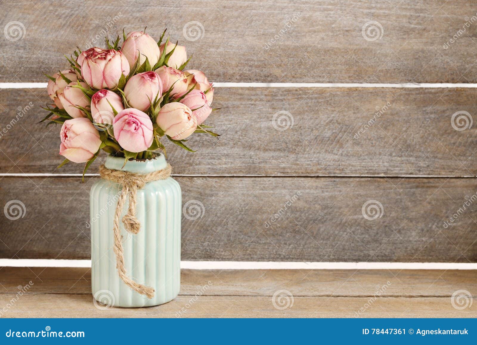 Bouquet of Pink Roses in Turquoise Ceramic Vase Stock Image - Image of ...