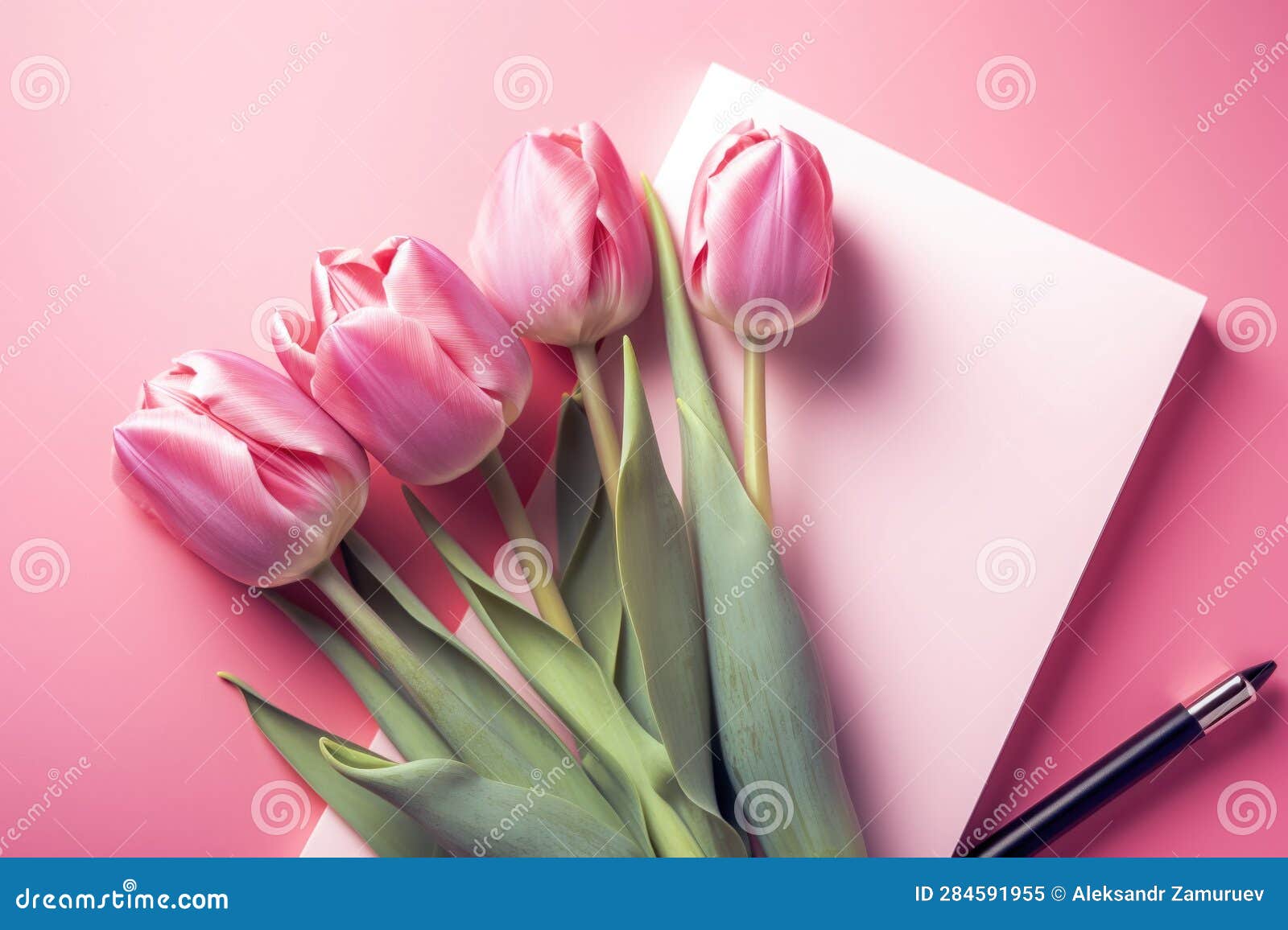Bouquet of Pink Tulips and Empty Notebook. Spring Flowers Lie on Opened ...